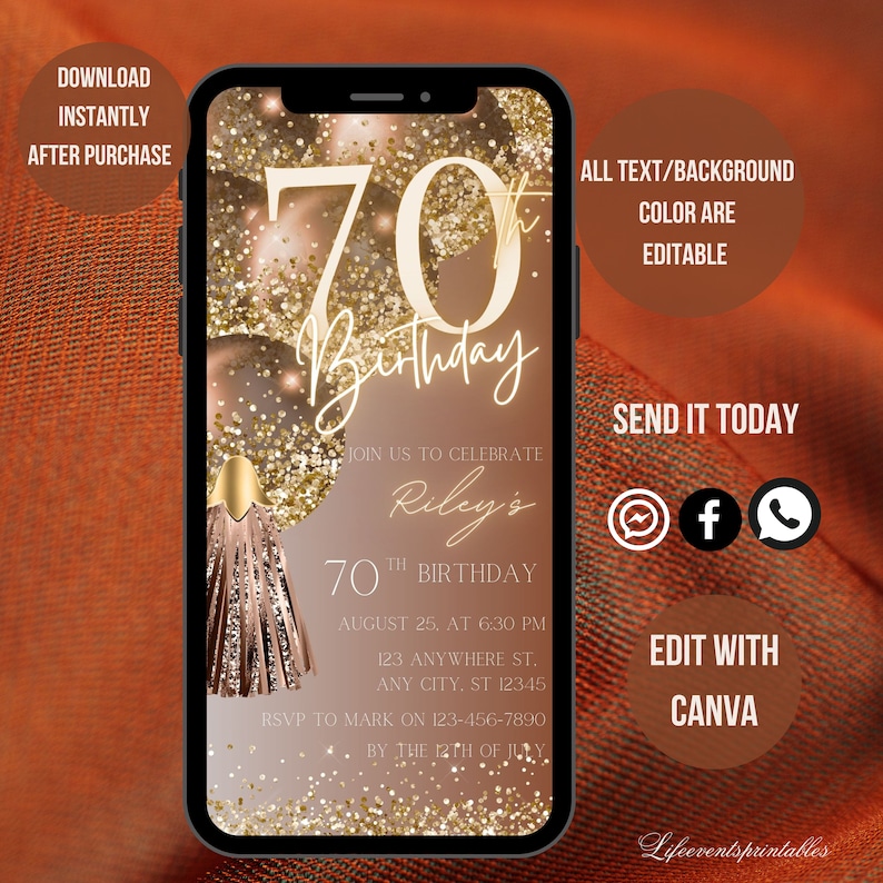 Digital 70th Birthday Invitation Template, Seventieth Brown Gold ...