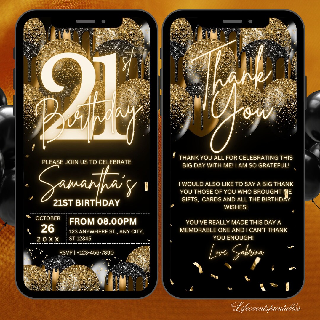 Digital 21ST Birthday Invitation Template for Her Gold, Animated Twenty ...