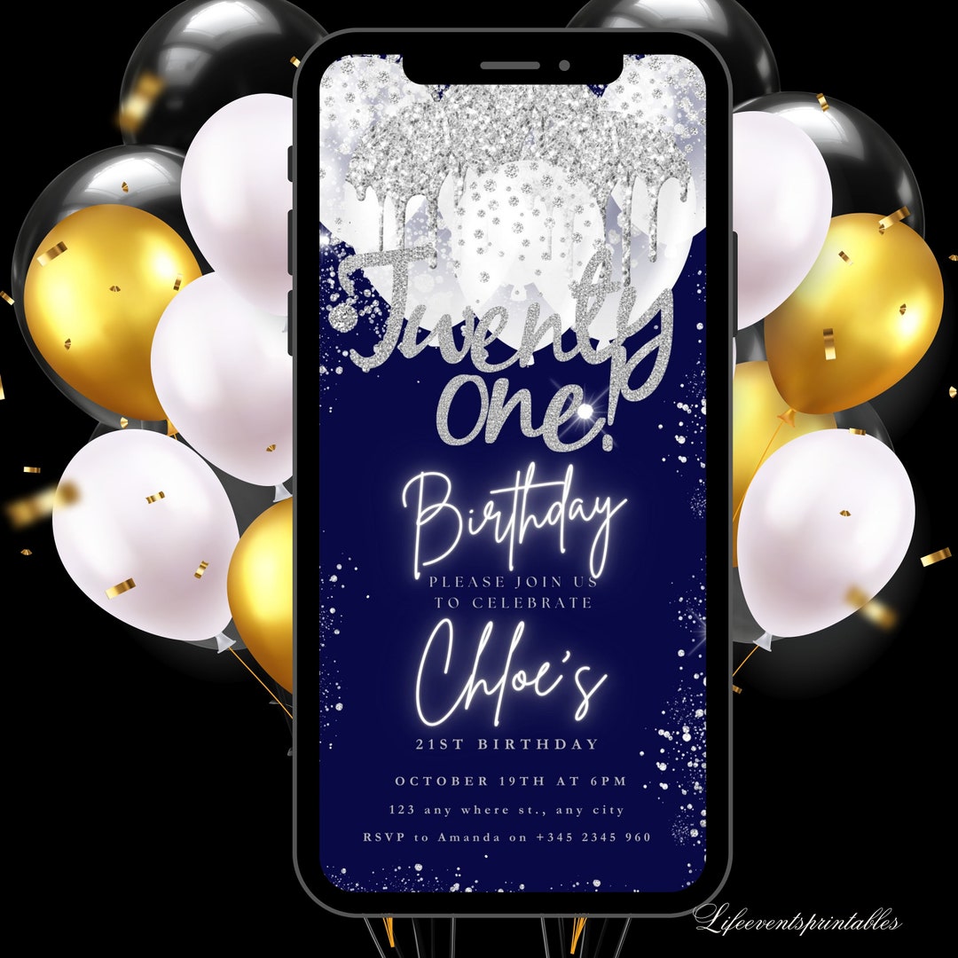 Digital Twenty One 21st Birthday Invitation Template Navy 21st ...