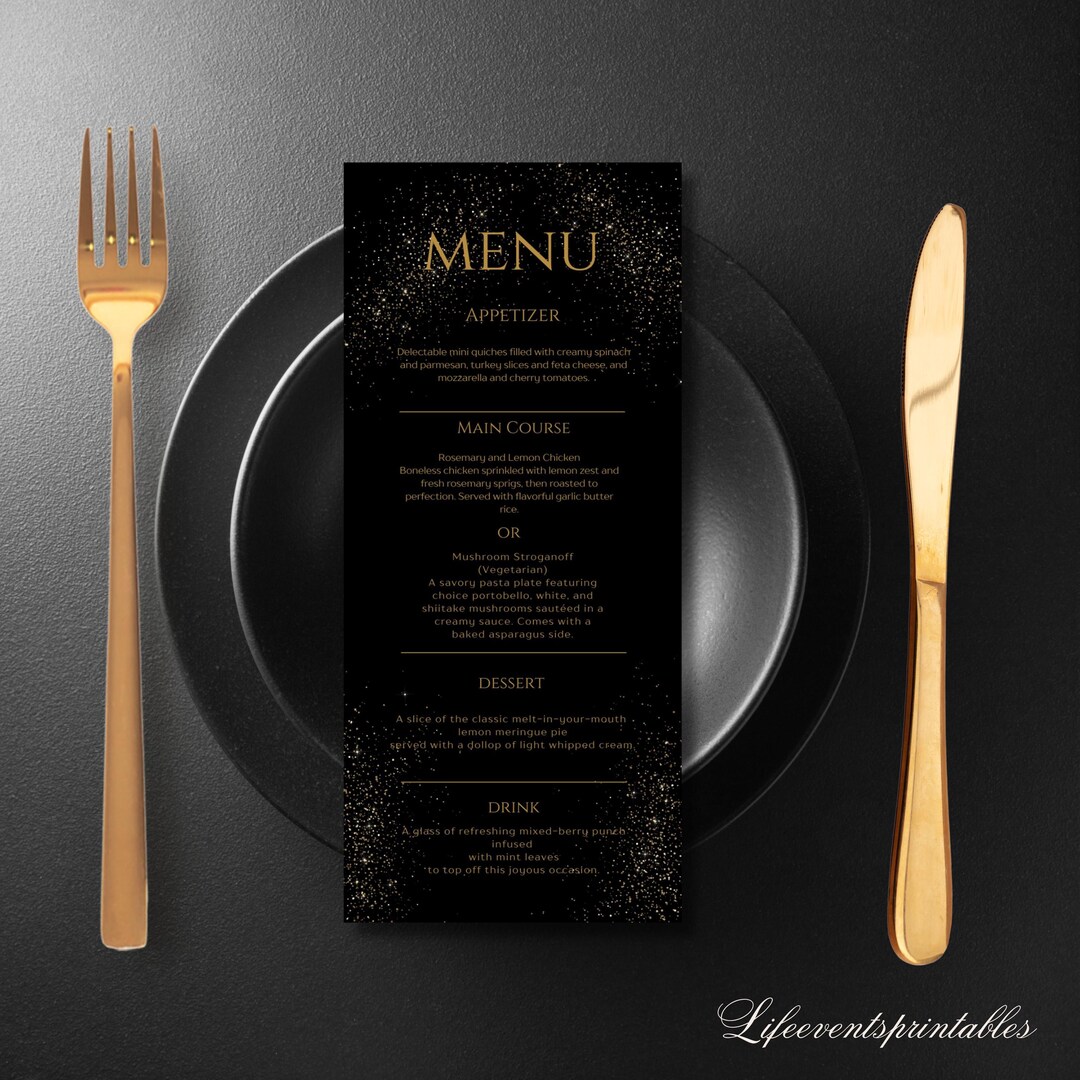 Printable Birthday Party Menu Template, Black Gold Printable Menu Card ...