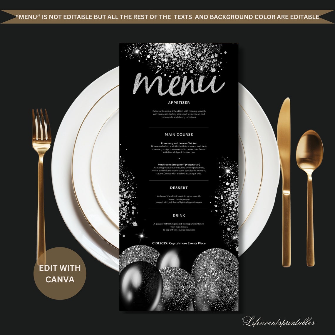 Black Balloon and Silver Menu Card Template, Editable Sparkle Menu ...