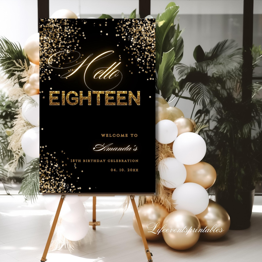 18TH Birthday Welcome Sign Template Gold Eighteenth Welcome Poster ...