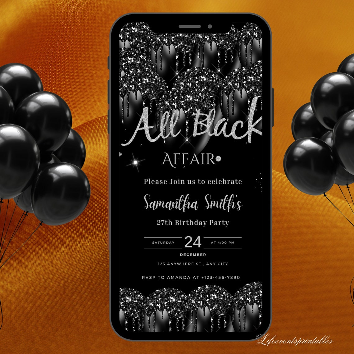 All Black Affair Invitation Template, Editable All Black Party ...
