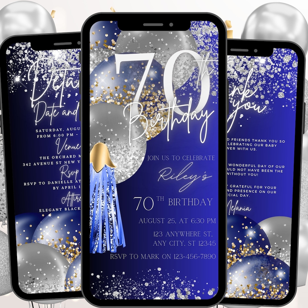Digital 70TH Birthday Invitation Template Navy Silver, Electronic ...