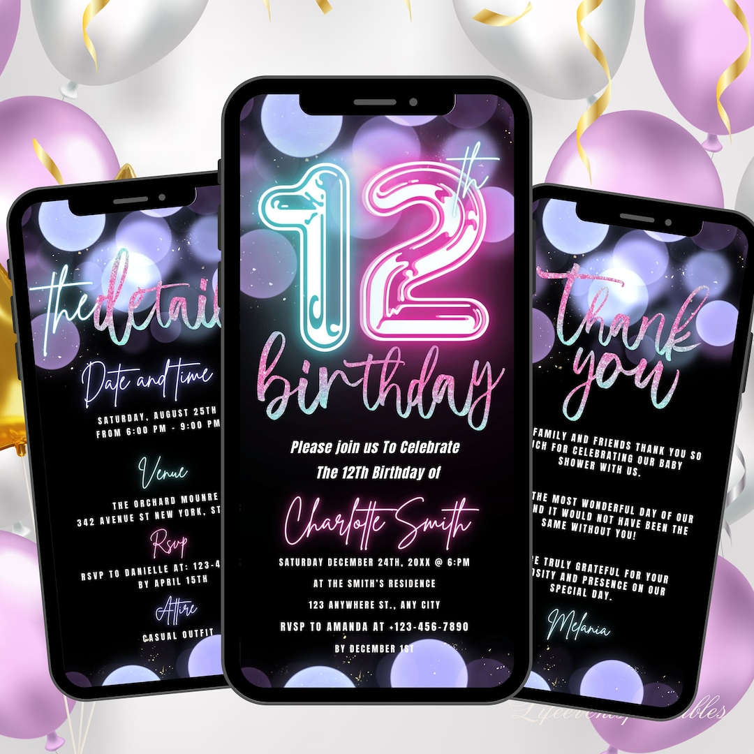 Digital 12th Birthday Invitation Template for Girls Neon Twelfth ...