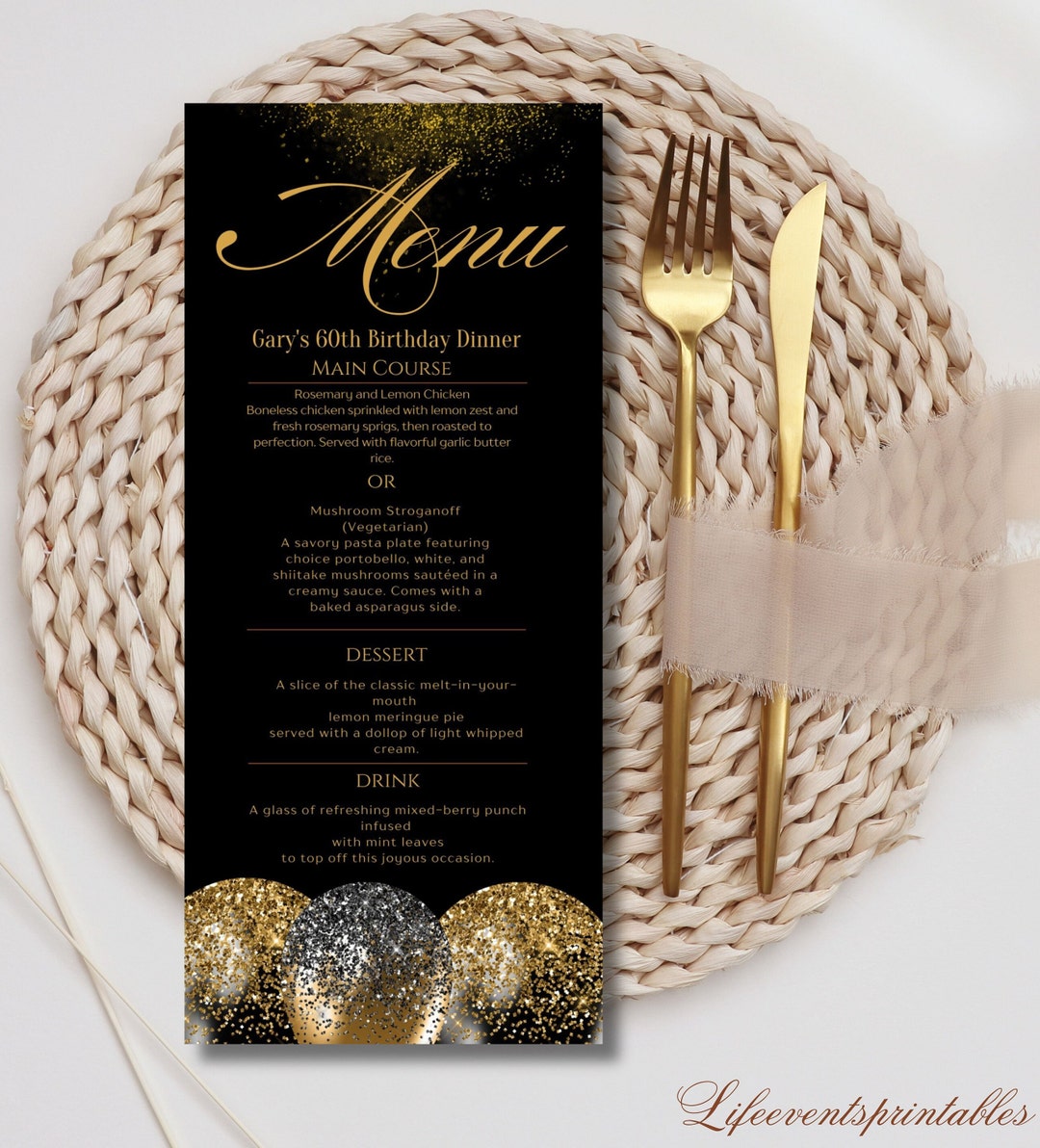 Printable Birthday Party Menu Template, Black Balloon Printable Menu ...