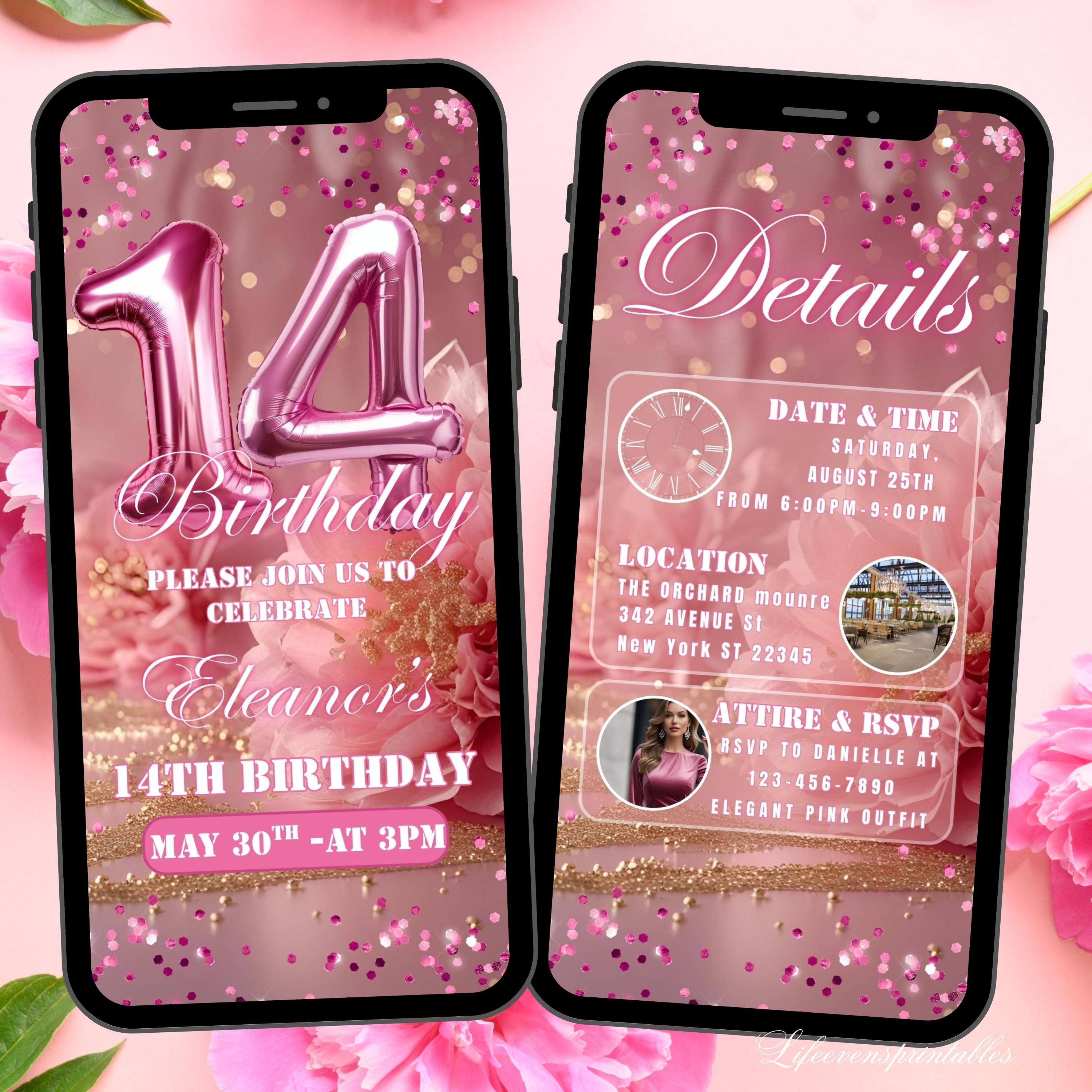 14TH Birthday Invitation Template Pink, Digital Animated 14th Party ...