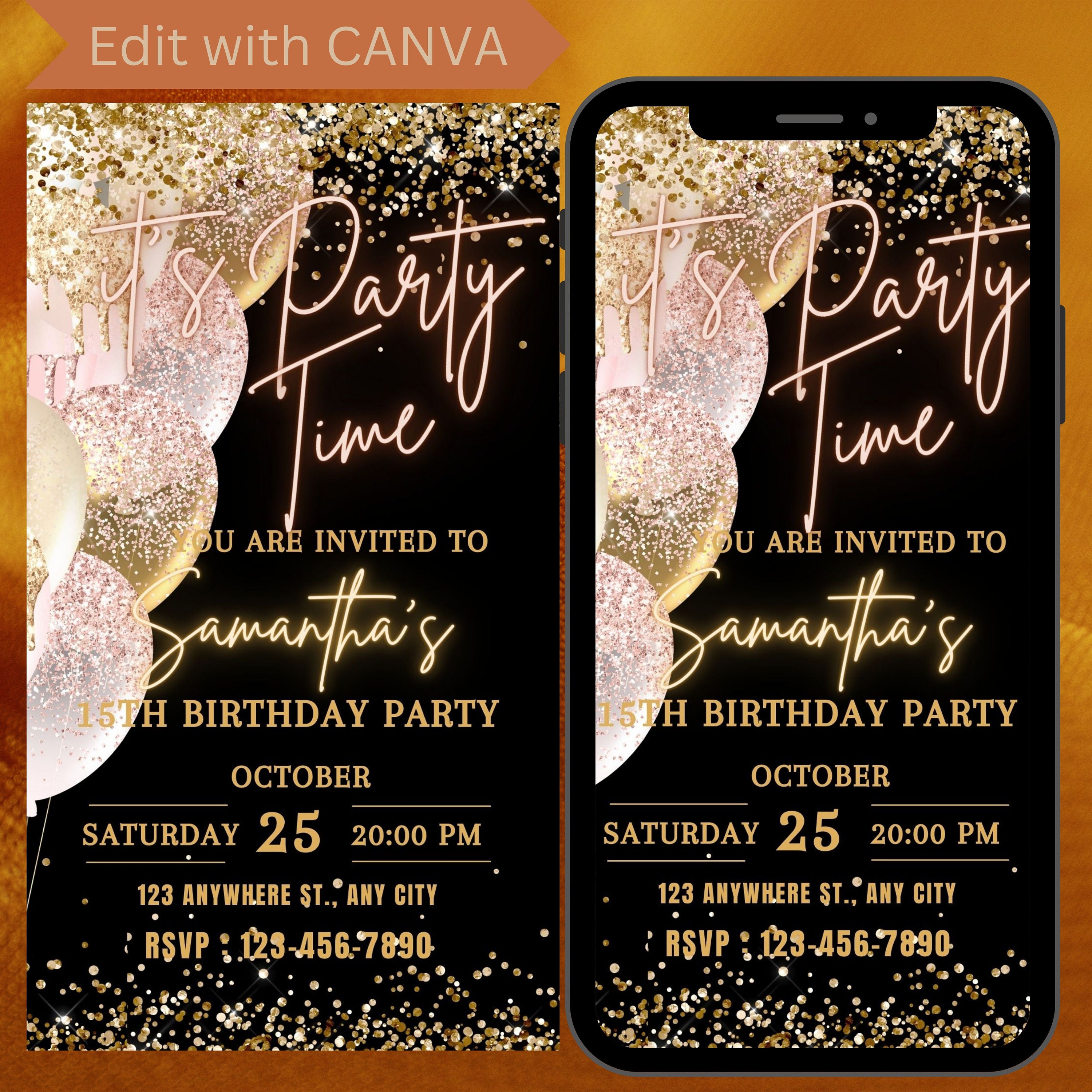 Digital Birthday Invitation Template, Electronic Birthday Invite Black ...