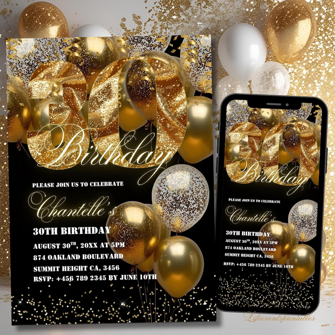 30th Birthday Invitation Digital, Printable Black and Gold Glitter ...