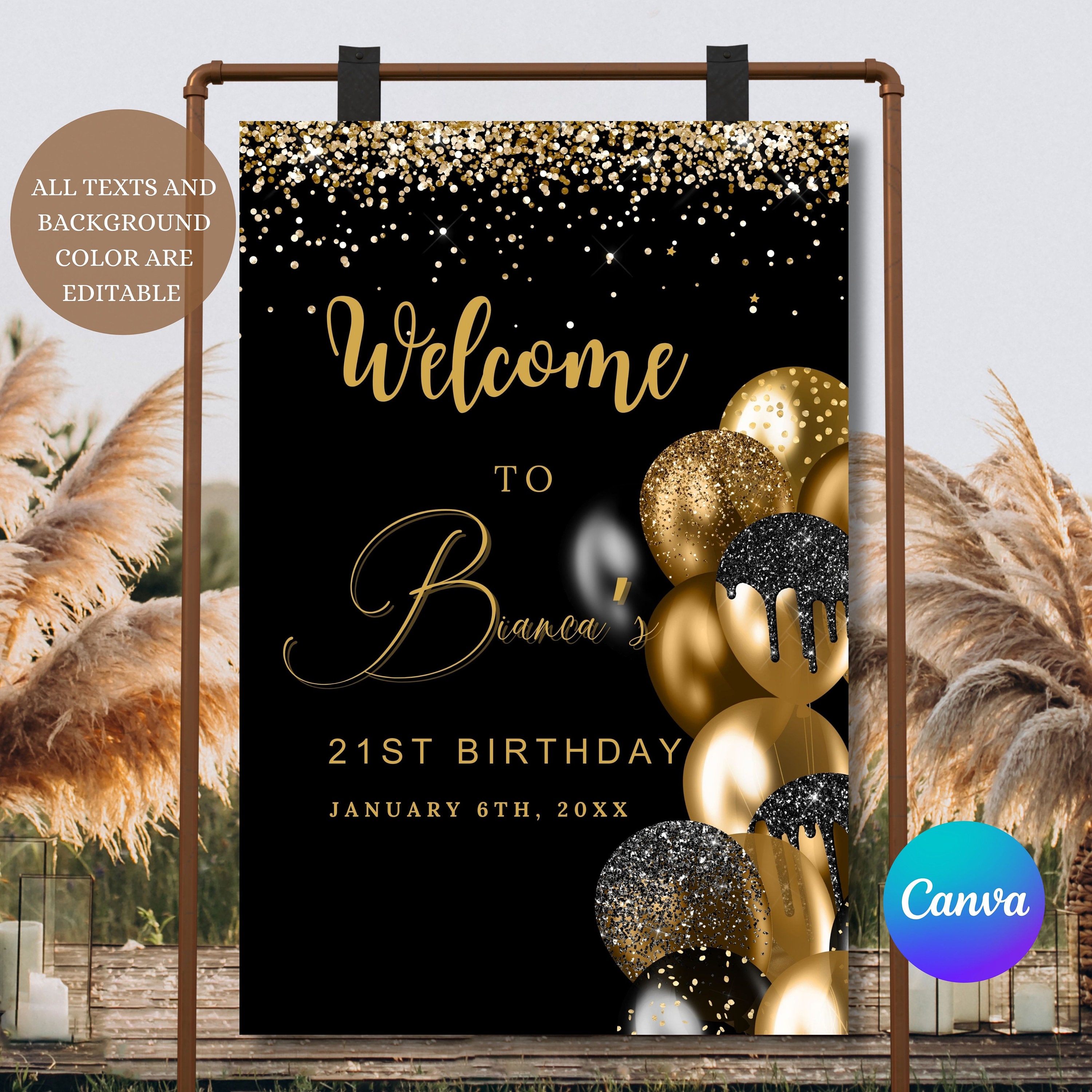 Editable Black Gold Welcome Sign Template PRINTABLE Birthday Party Gold ...