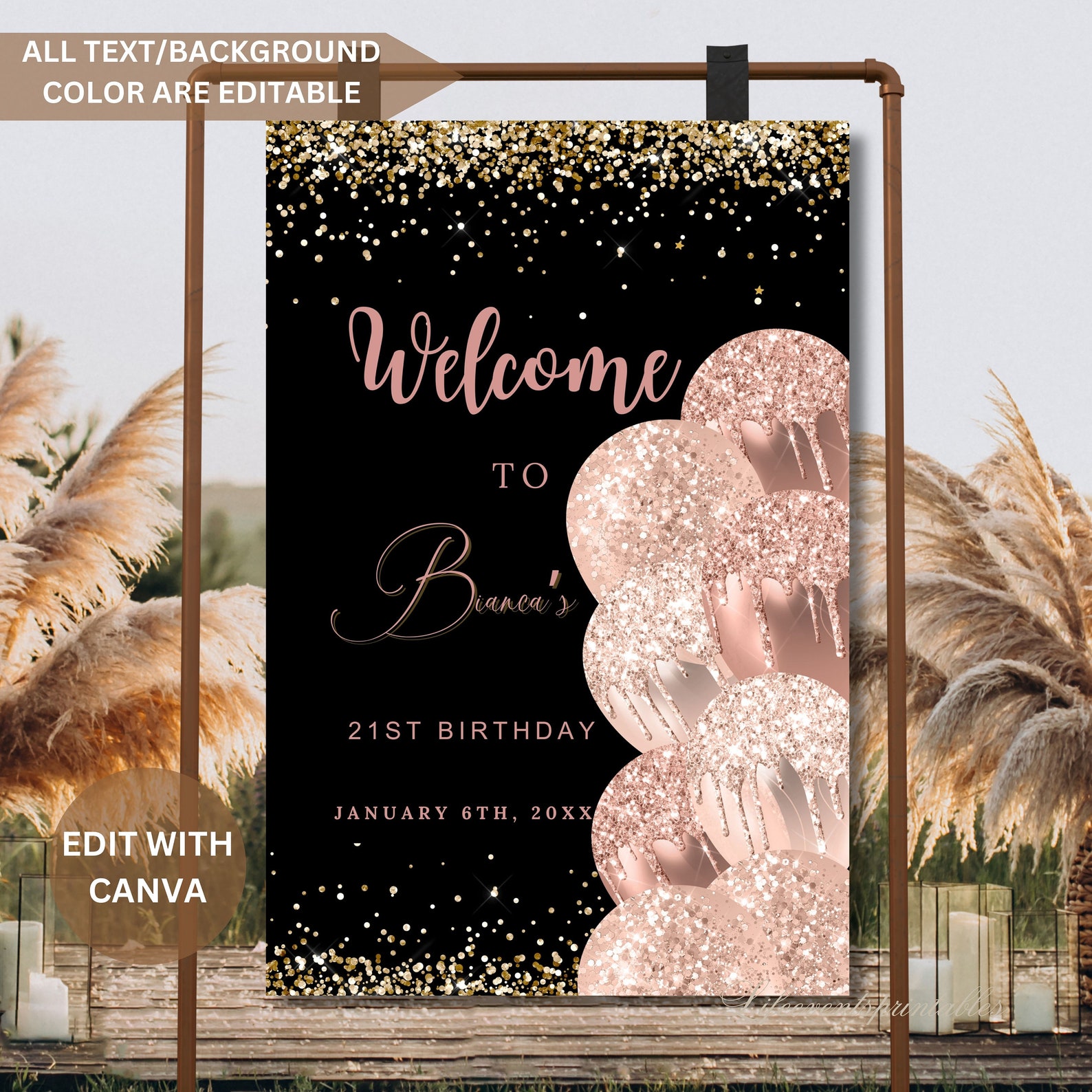 ANY AGE Birthday Welcome Sign Birthday Welcome Poster Black With Rose ...