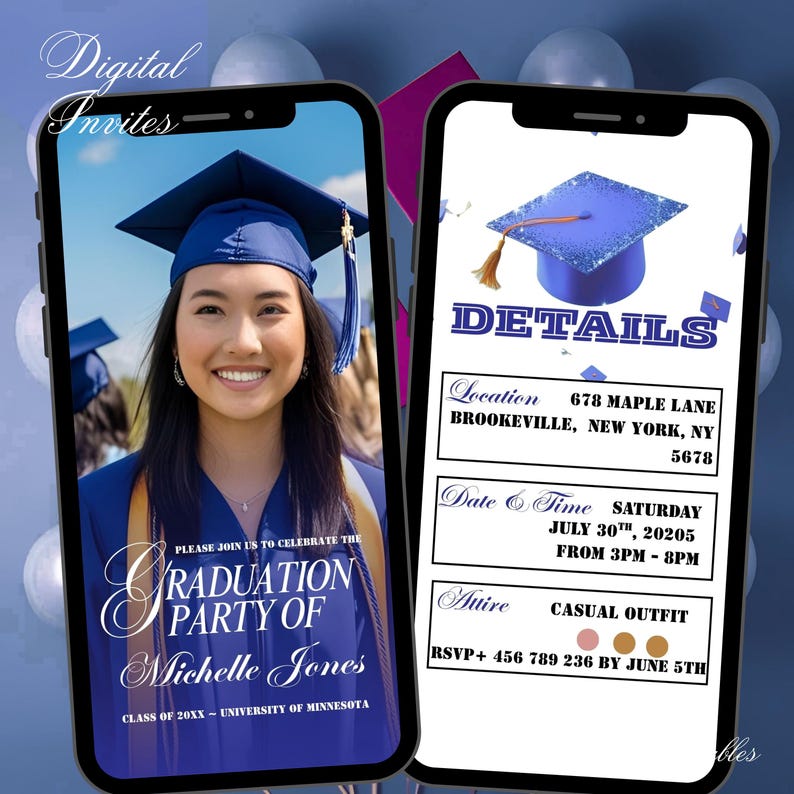 Digital Graduation Ceremony Invitation Template 2025 Blue Balloon ...
