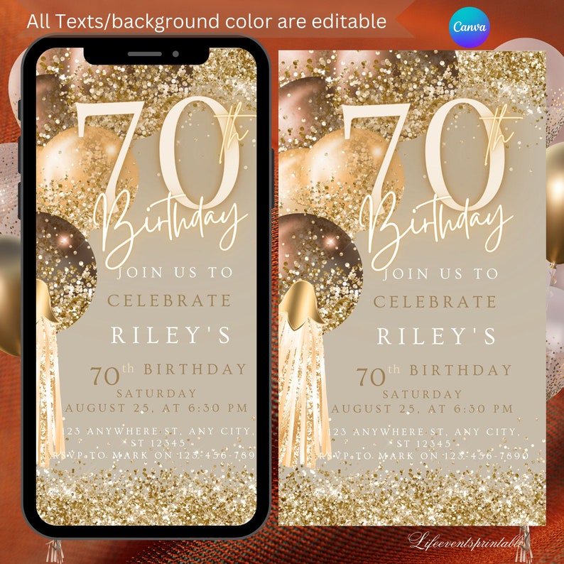Digital 70th Birthday Invitation Template, Seventieth Brown Gold ...