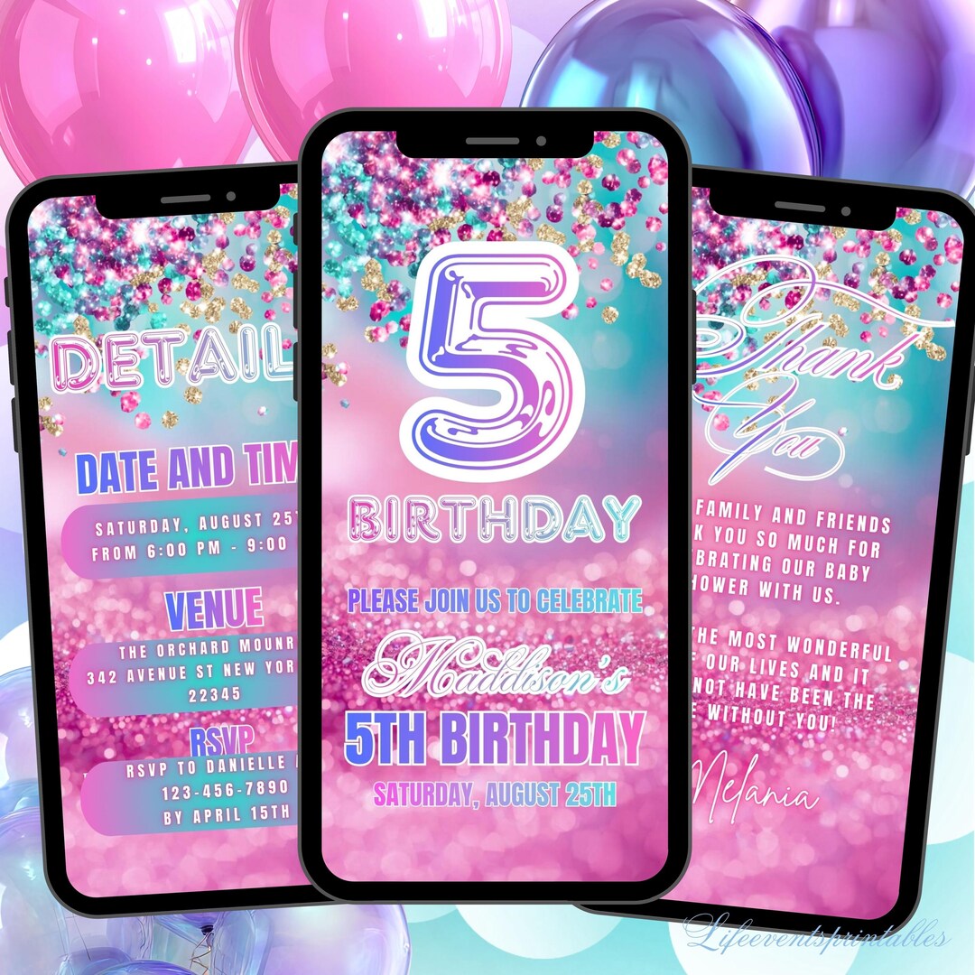 Digital 5th Birthday Invitation Template Animated Pastel Five Year Old ...