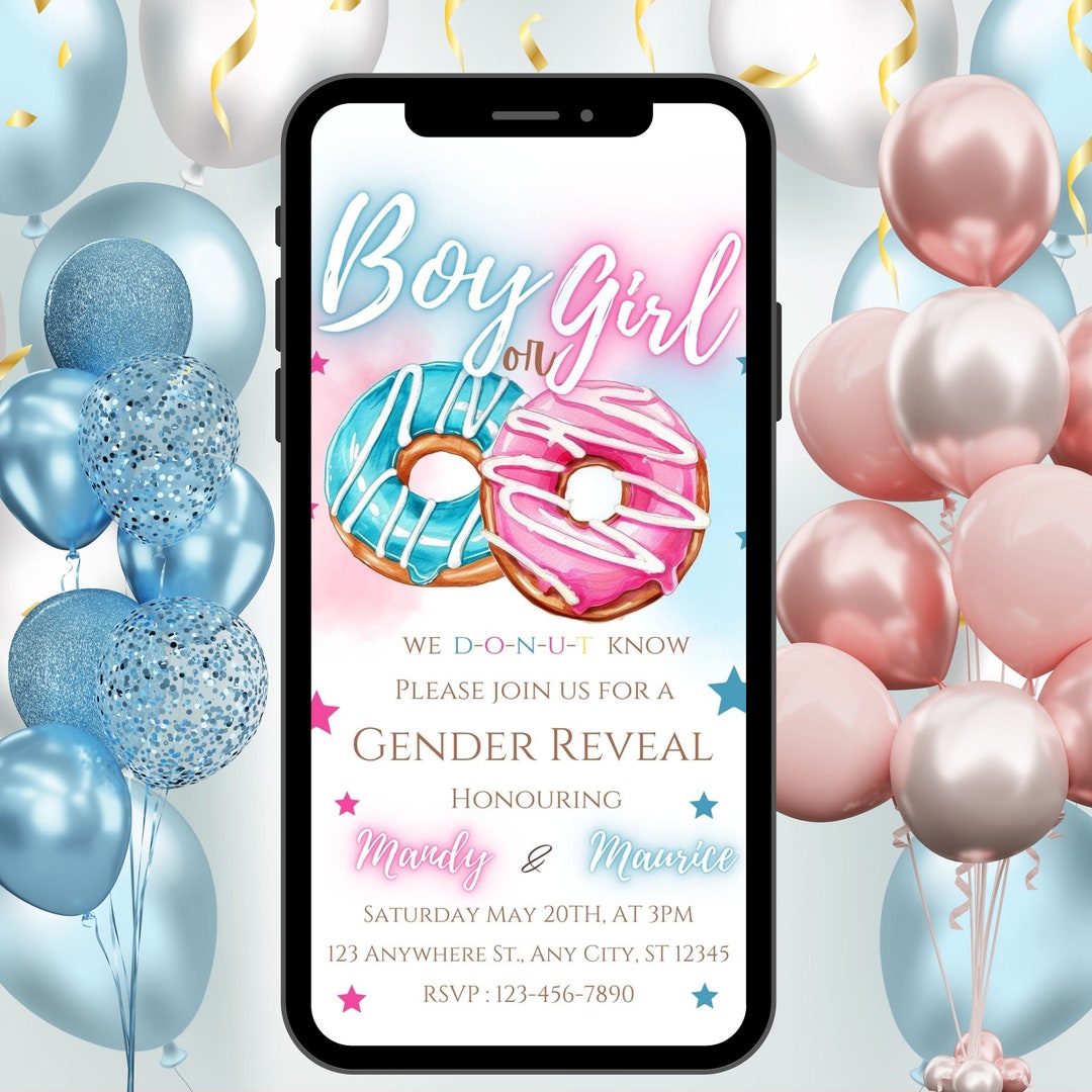 Digital Gender Reveal Invitation, Electronic Gender Reveal Evite, Donut ...