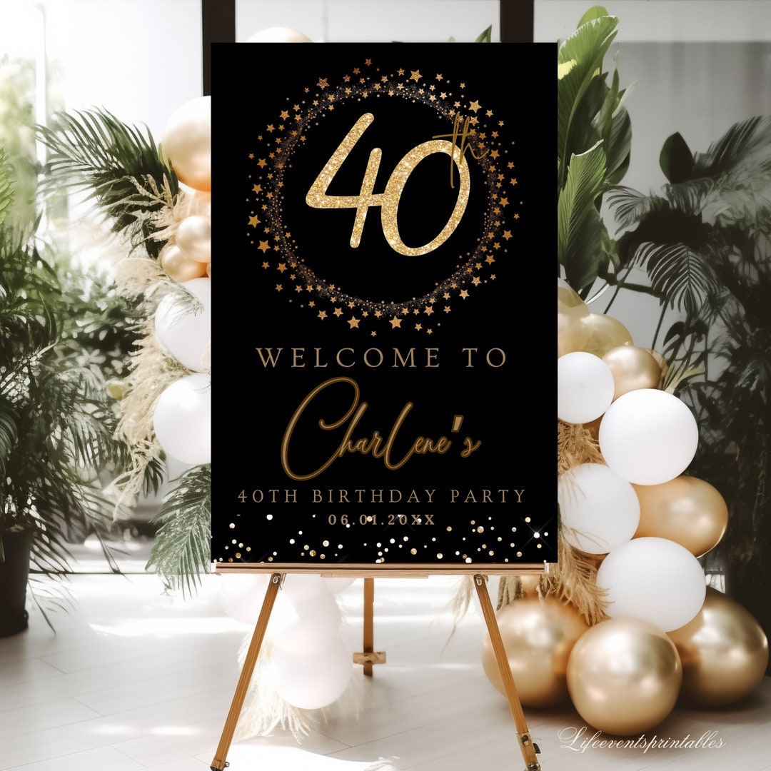 40th Birthday Welcome Sign Template Welcome Poster Black Glittery ...