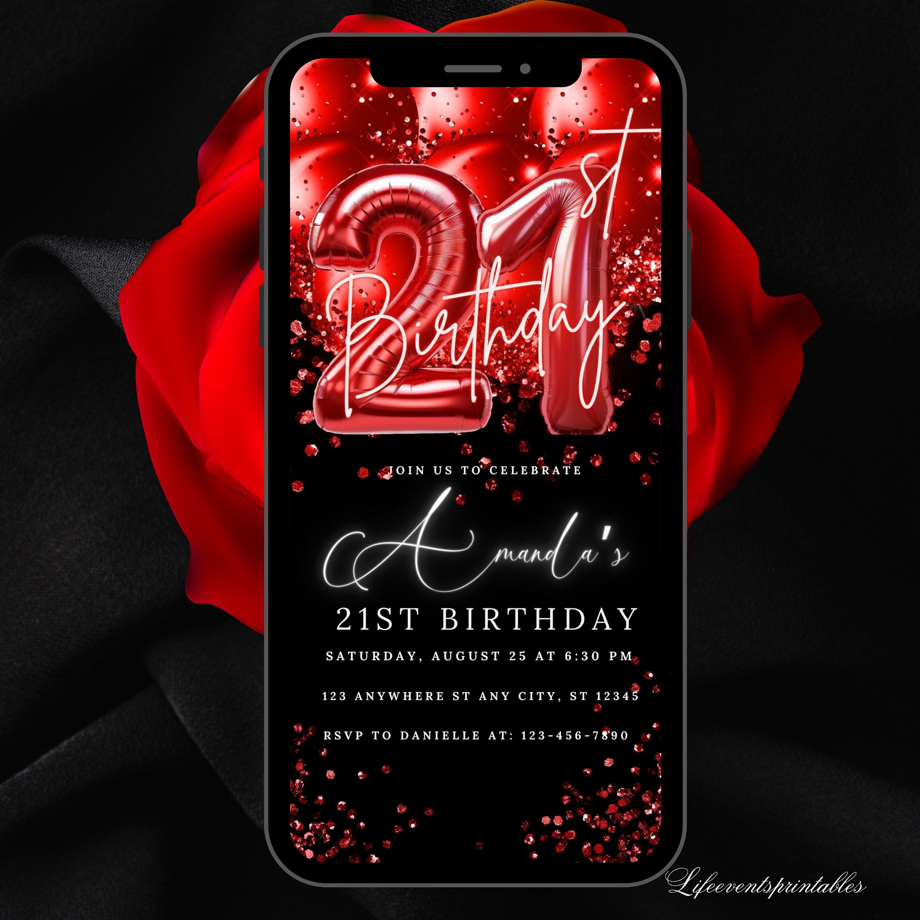 Digital Twenty One 21st Birthday Invitation Template Red 21th ...