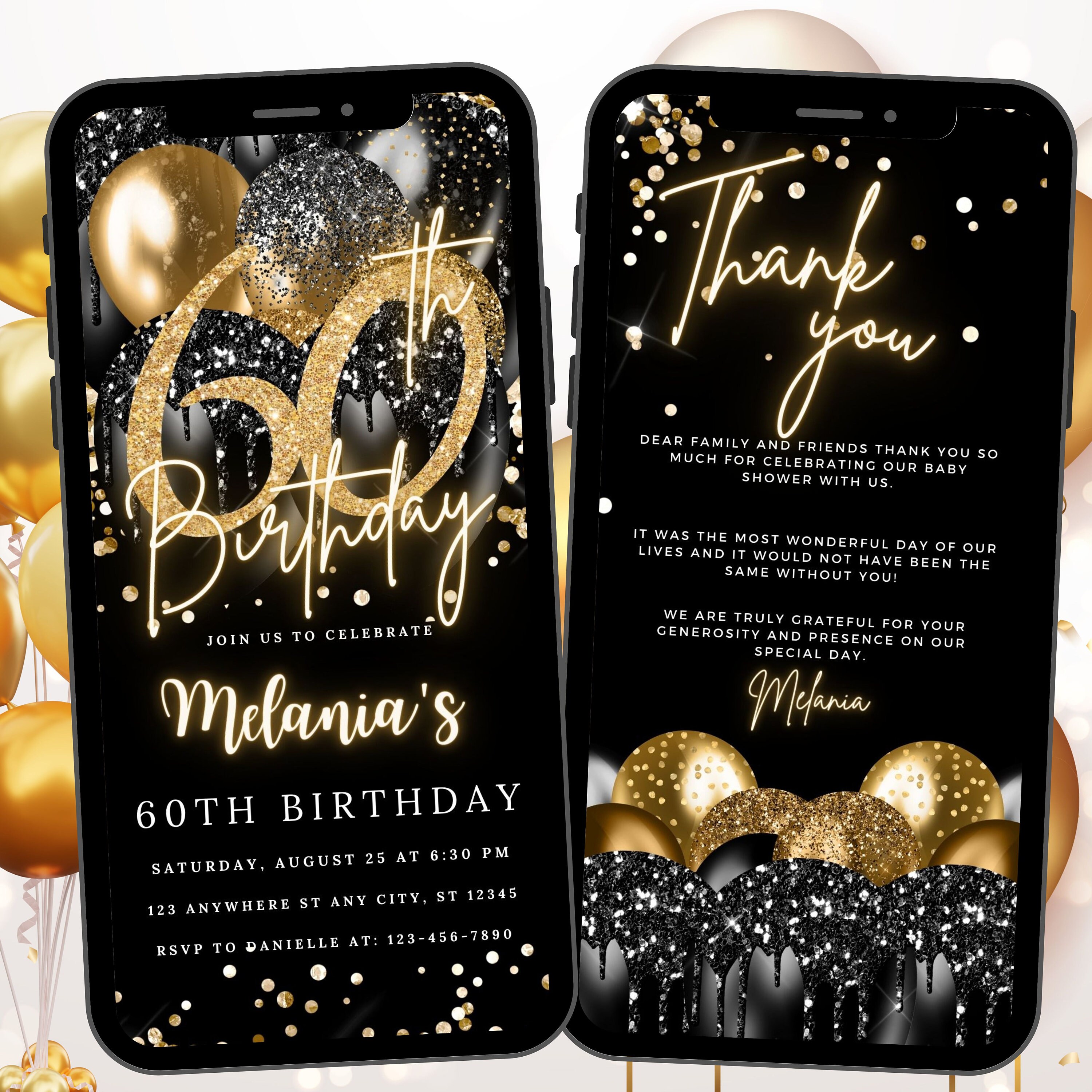 60TH Black Gold Birthday Invitation Template Animated, 60th Birthday ...