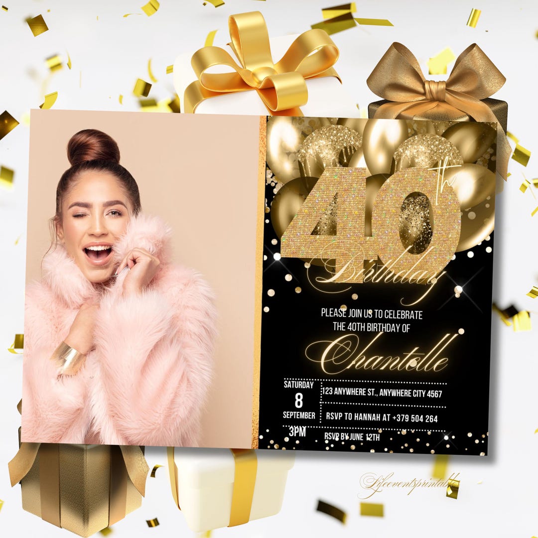 40TH Birthday Invitation Gold Template With Picture Printable, Photo ...