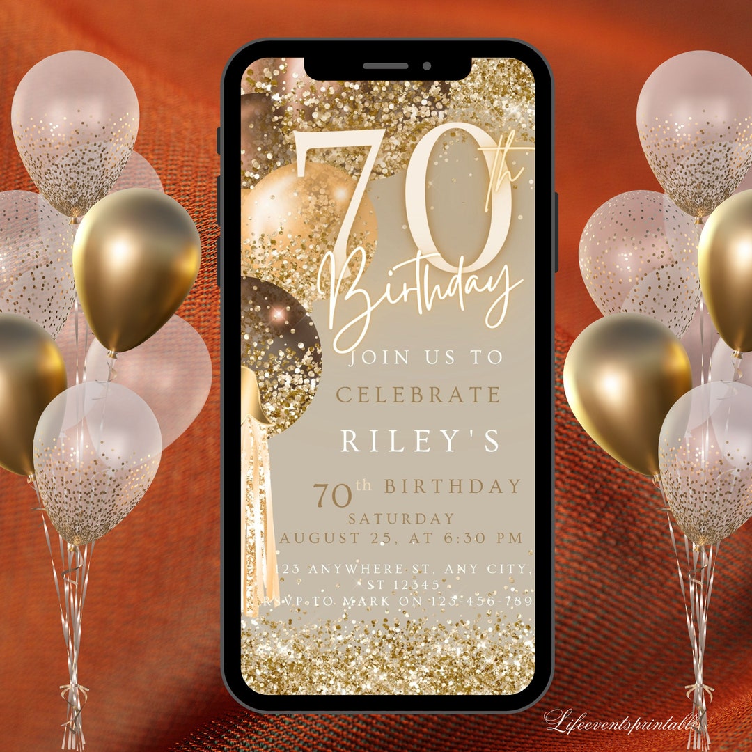 Digital 70th Birthday Invitation Template, Seventieth Brown Gold ...