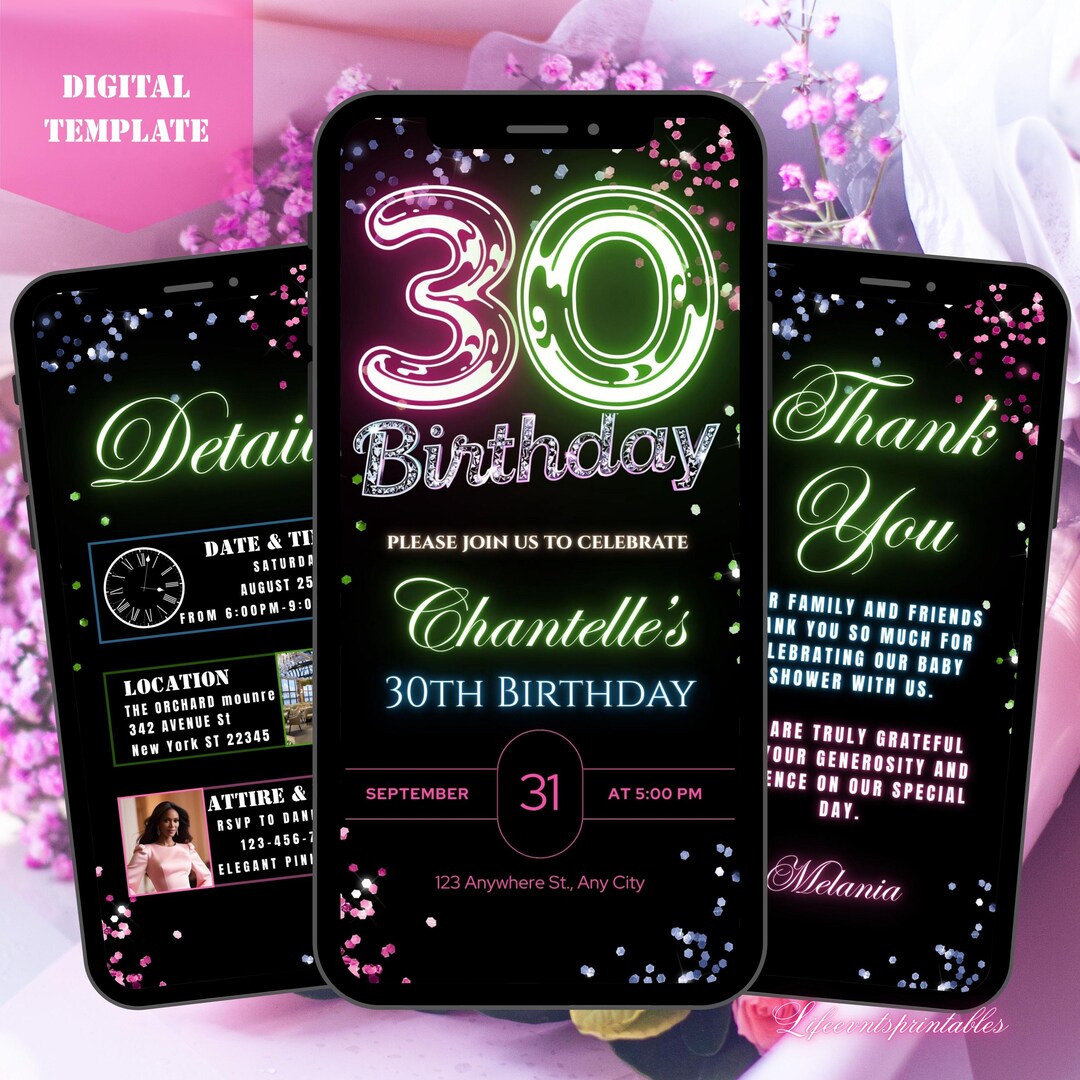 Digital 30th Birthday Invitation Template for Girls Neon Thirtieth ...