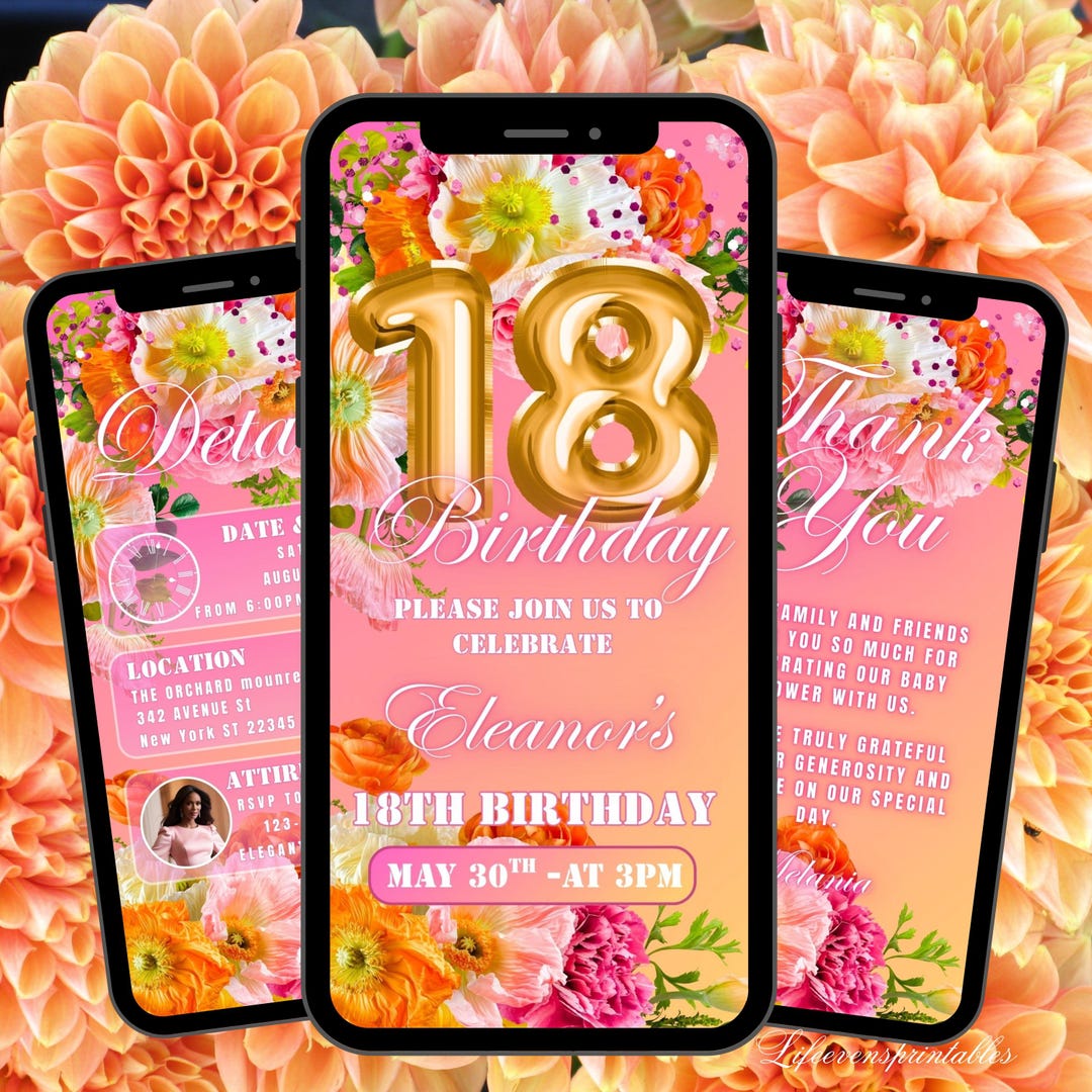 18TH Birthday Invitation Digital Floral Orange, Pink Floral Eighteenth ...