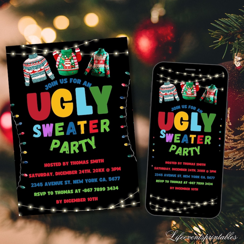 Editable Ugly Sweater Party Invitation Template | Ugly Sweater Holiday ...