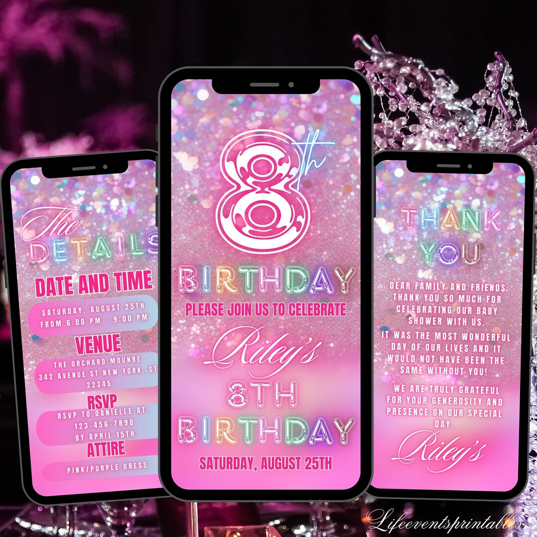 Digital 8th Birthday Invitation Template Animated Pastel Eight Year Old ...