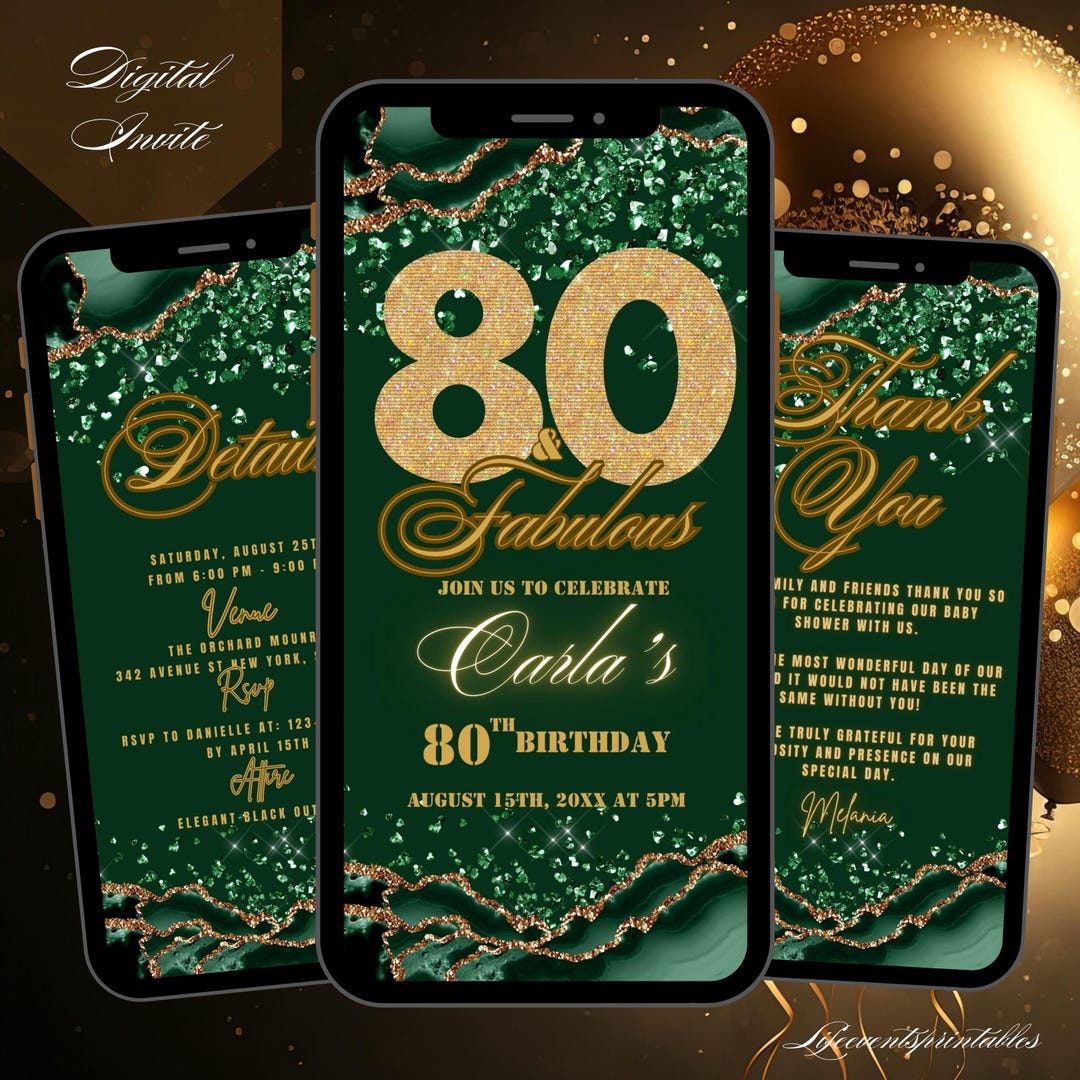 80TH Green Birthday Invitation Template Agate Animated, Digital 80th ...