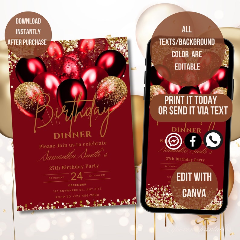 Red Birthday Invitation Template Gold, Red Balloons Invite Printable ...