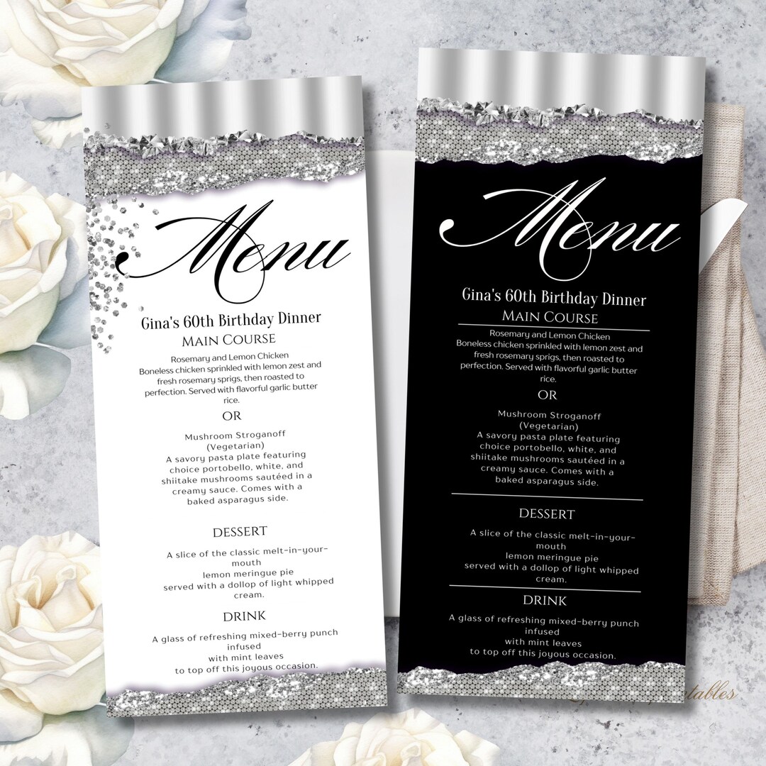 Printable Birthday Party Menu Template, Silver Printable Agate Menu ...