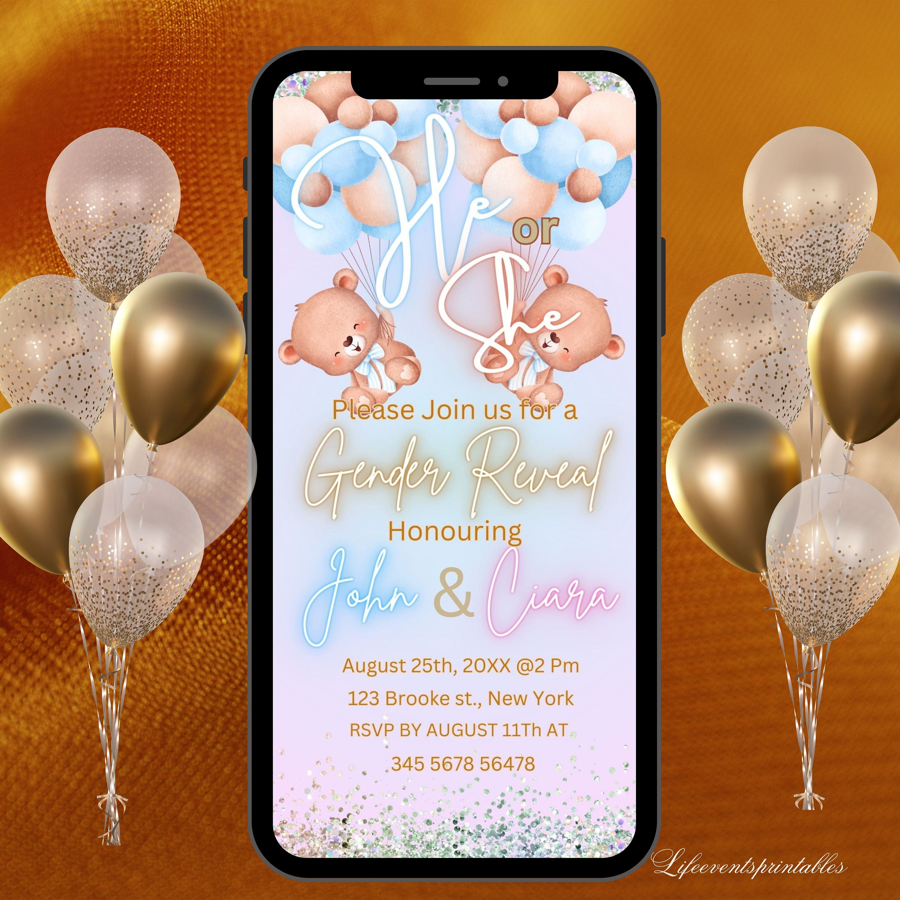 Digital Gender Reveal Invitation, Teddy Bear Electronic Gender Reveal ...