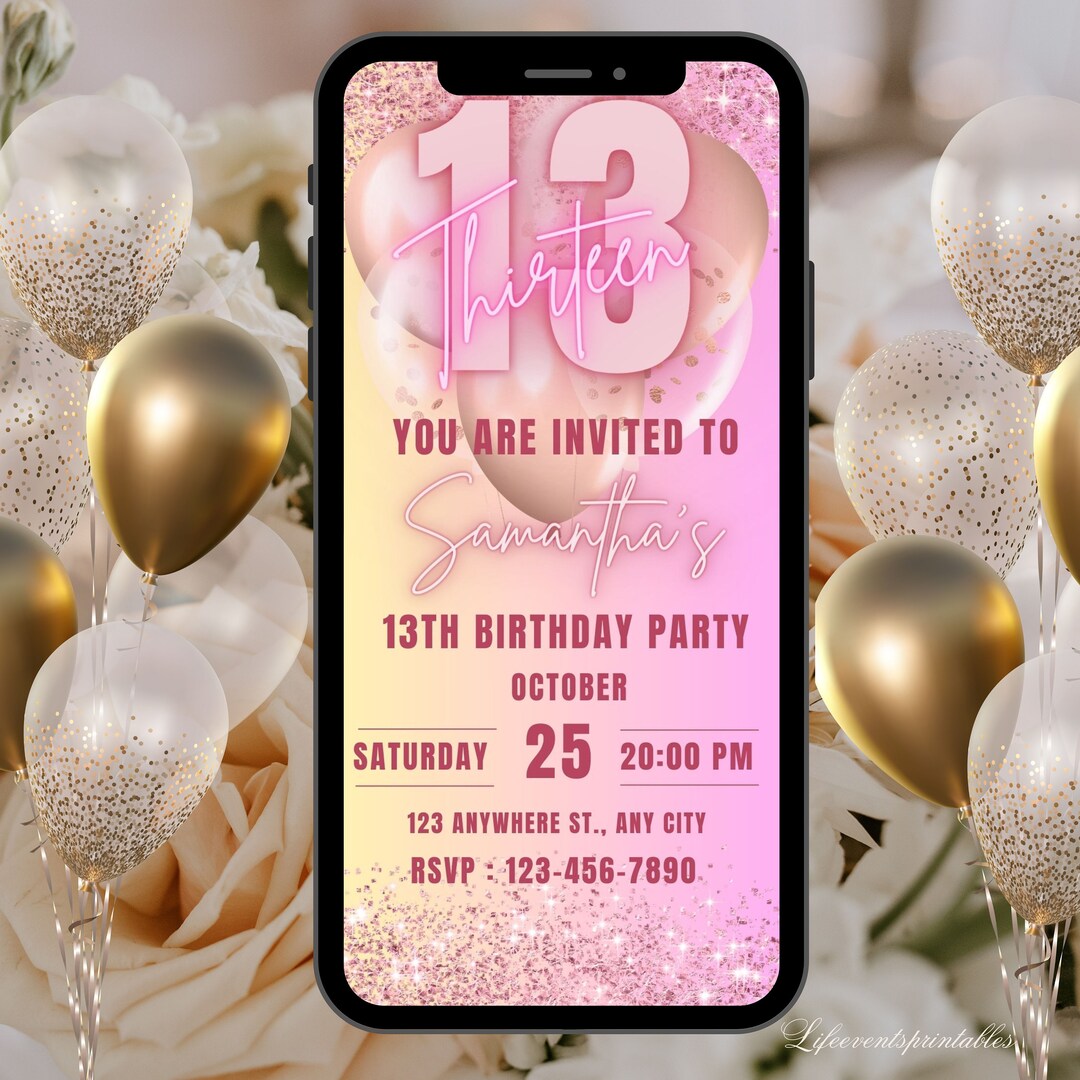 Digital Rose Gold 13th Birthday Invitation Template for Girls ...