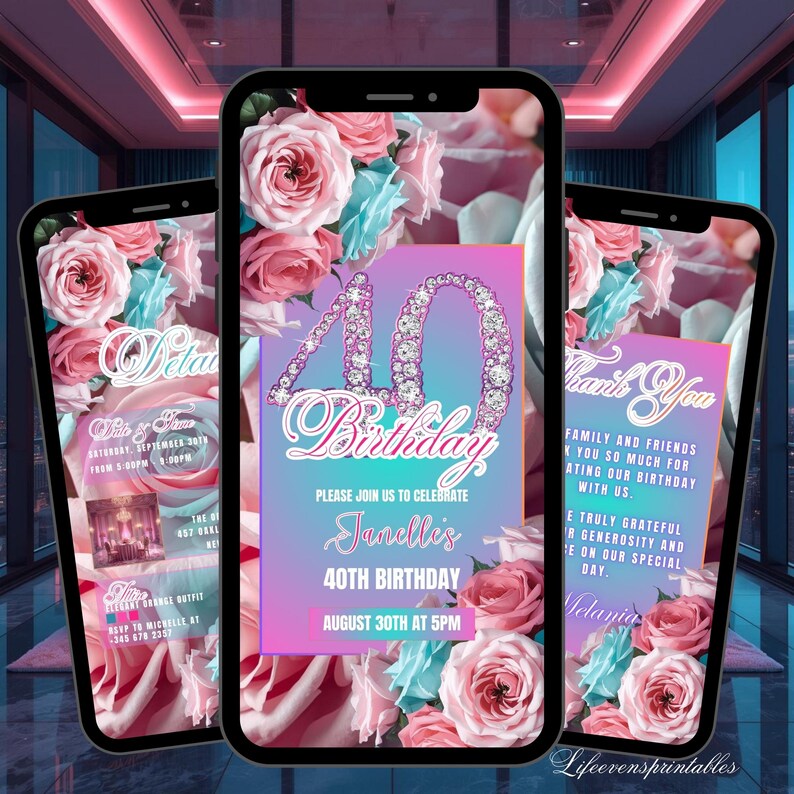 40TH Floral Birthday Invitation Template Pink, Fortieth Roses Digital ...