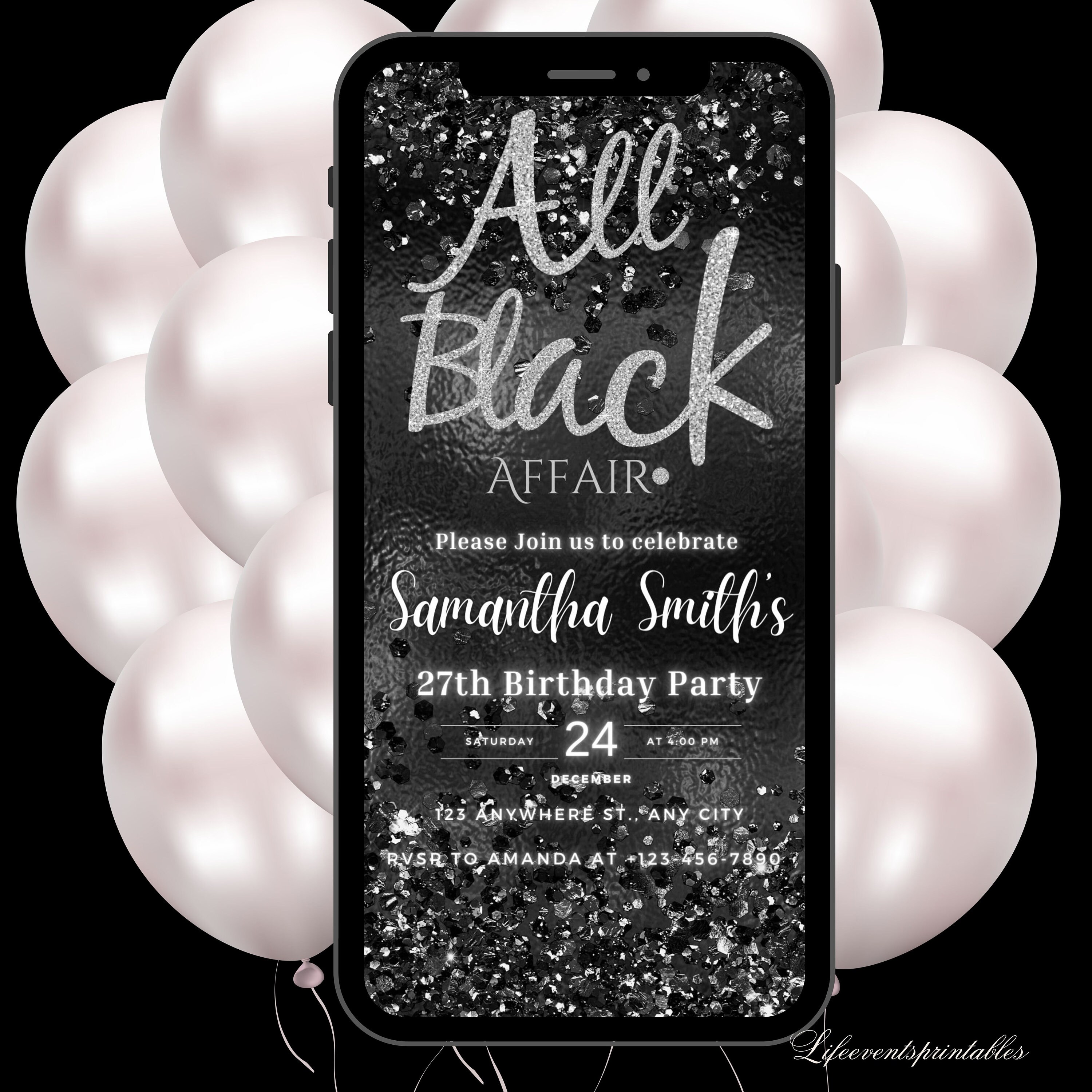 All Black Affair Invitation Template, Editable All Black Party ...