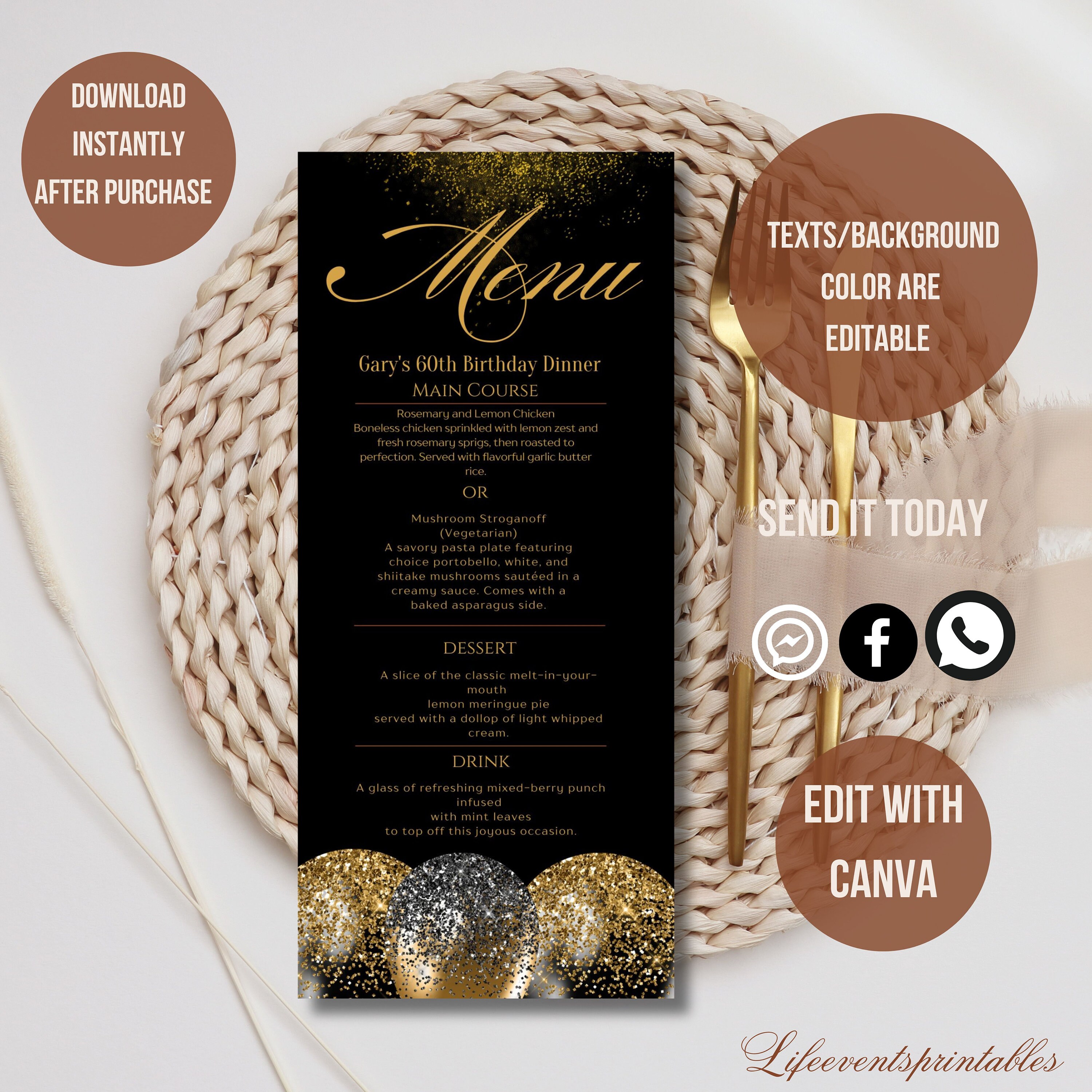Printable Birthday Party Menu Template, Black Balloon Printable Menu ...