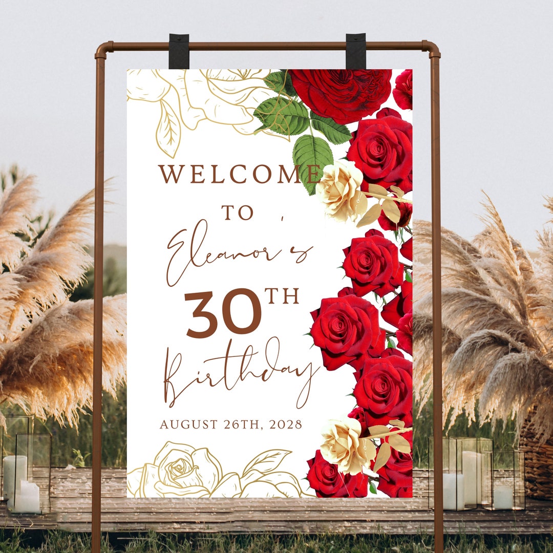 Red Floral Birthday Welcome Sign Printable | Floral Welcome Poster ...