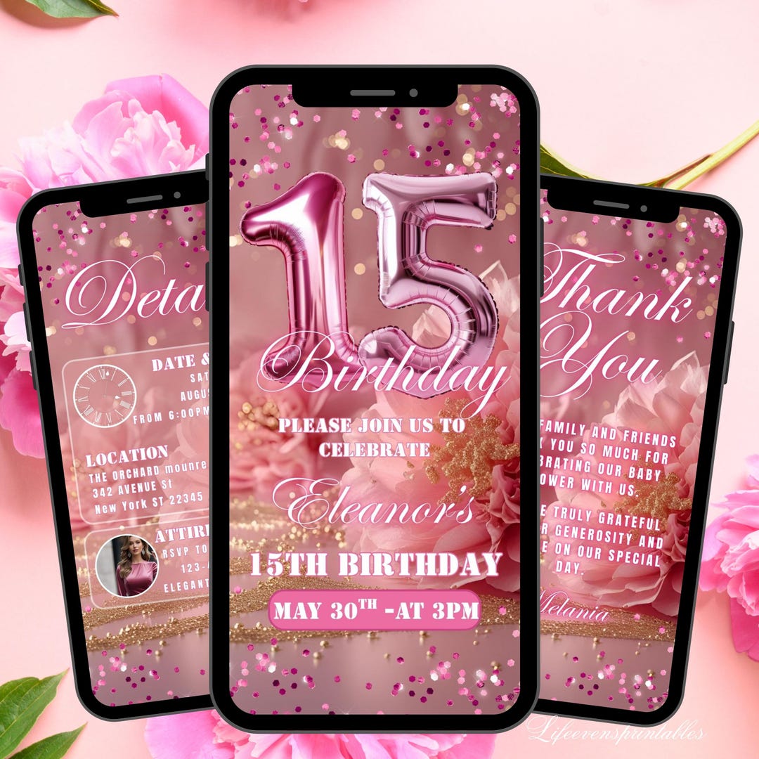 15TH Birthday Invitation Template Pink, Digital Animated 15th Party ...