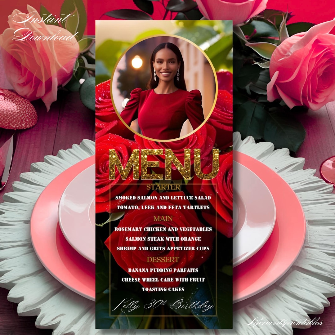 Editable Floral Photo Birthday Menu Template RED, Printable Birthday ...