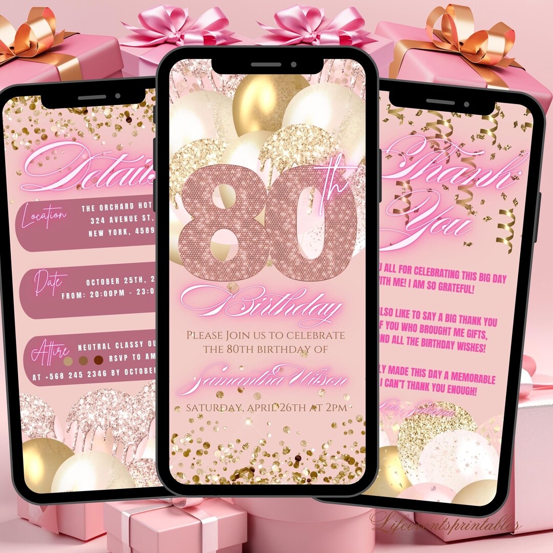 Digital 80th Birthday Invitation Template for Her Rose Gold, Animated ...