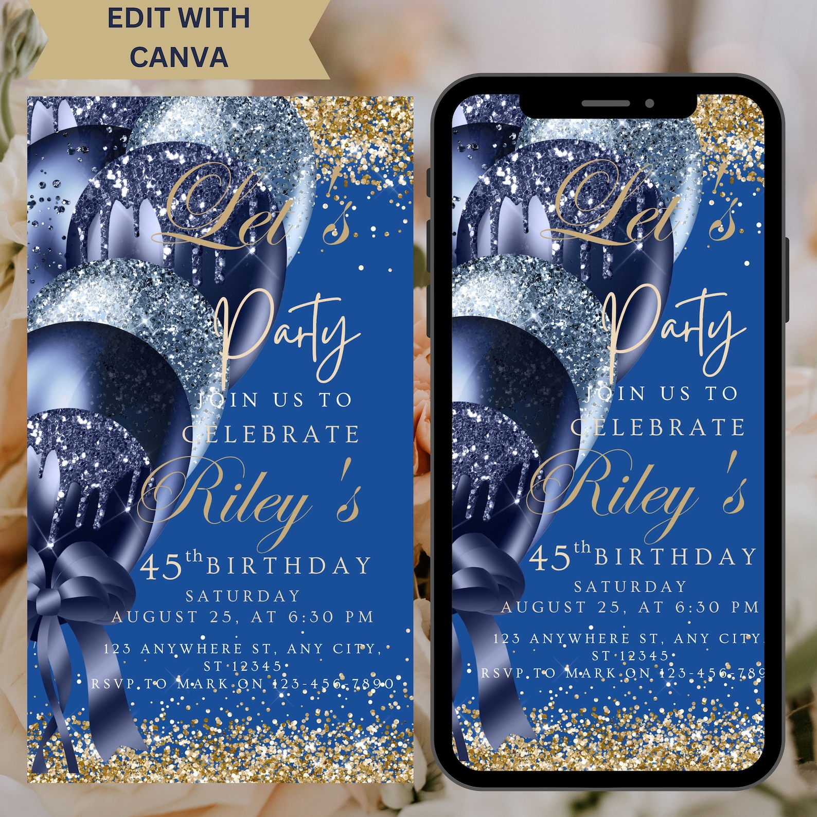 Digital Navy Gold Birthday Party Invitation, Electronic Navy Blue Gold ...