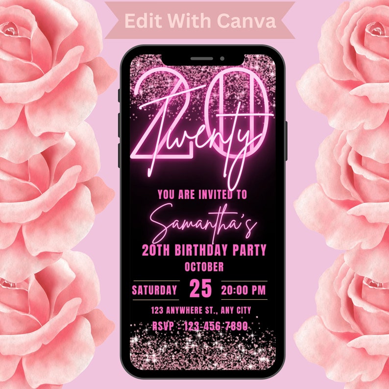 20th Birthday Invitation for Girl, Birthday Template, Glittery Bday ...