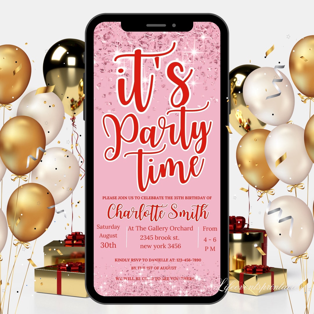 It's Party Time Invitation Template, Digital Pink Red Glitter Birthday ...