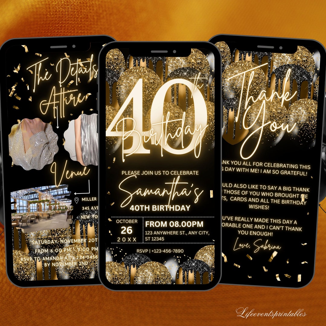 Digital 40th Birthday Invitation Template for Her Gold, Animated ...