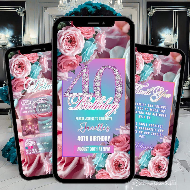 40TH Floral Birthday Invitation Template Pink, Fortieth Roses Digital ...