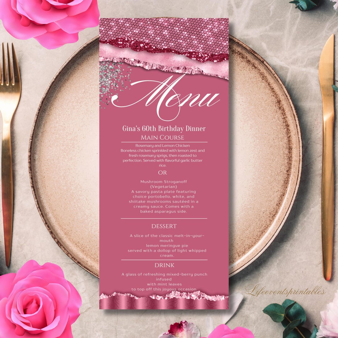 Printable Birthday Party Menu Template, Pink Printable Agate Menu Card ...