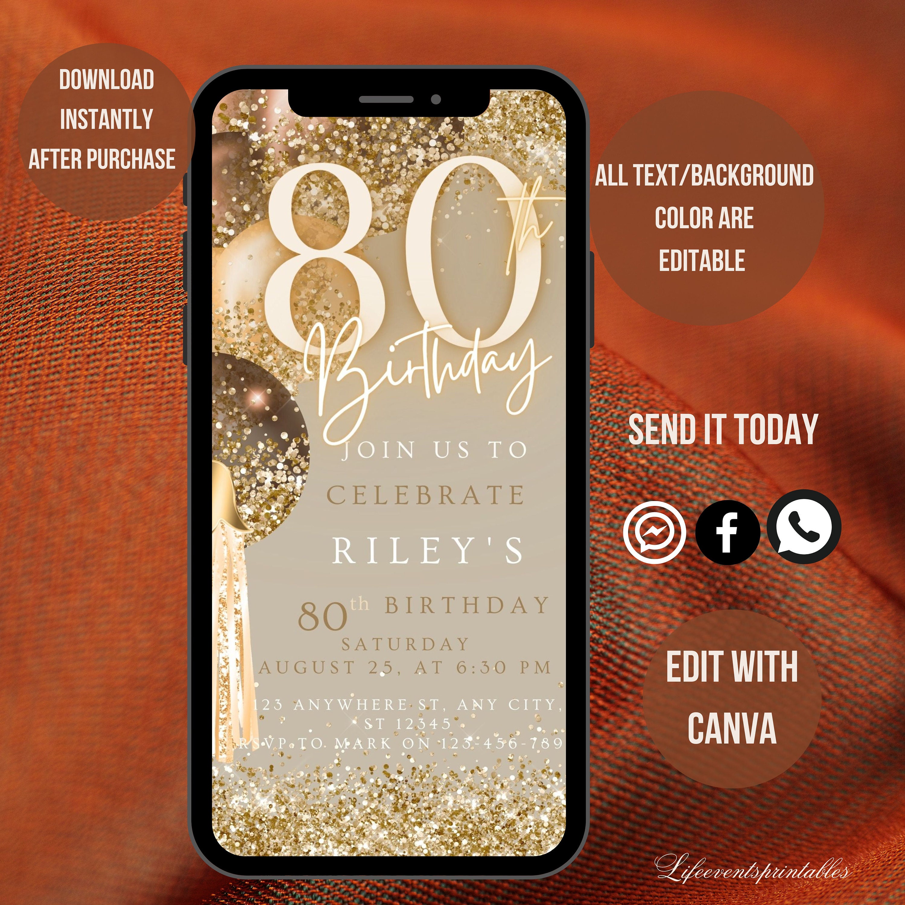 Digital 80th Birthday Invitation Template, Eightieth Brown Gold ...