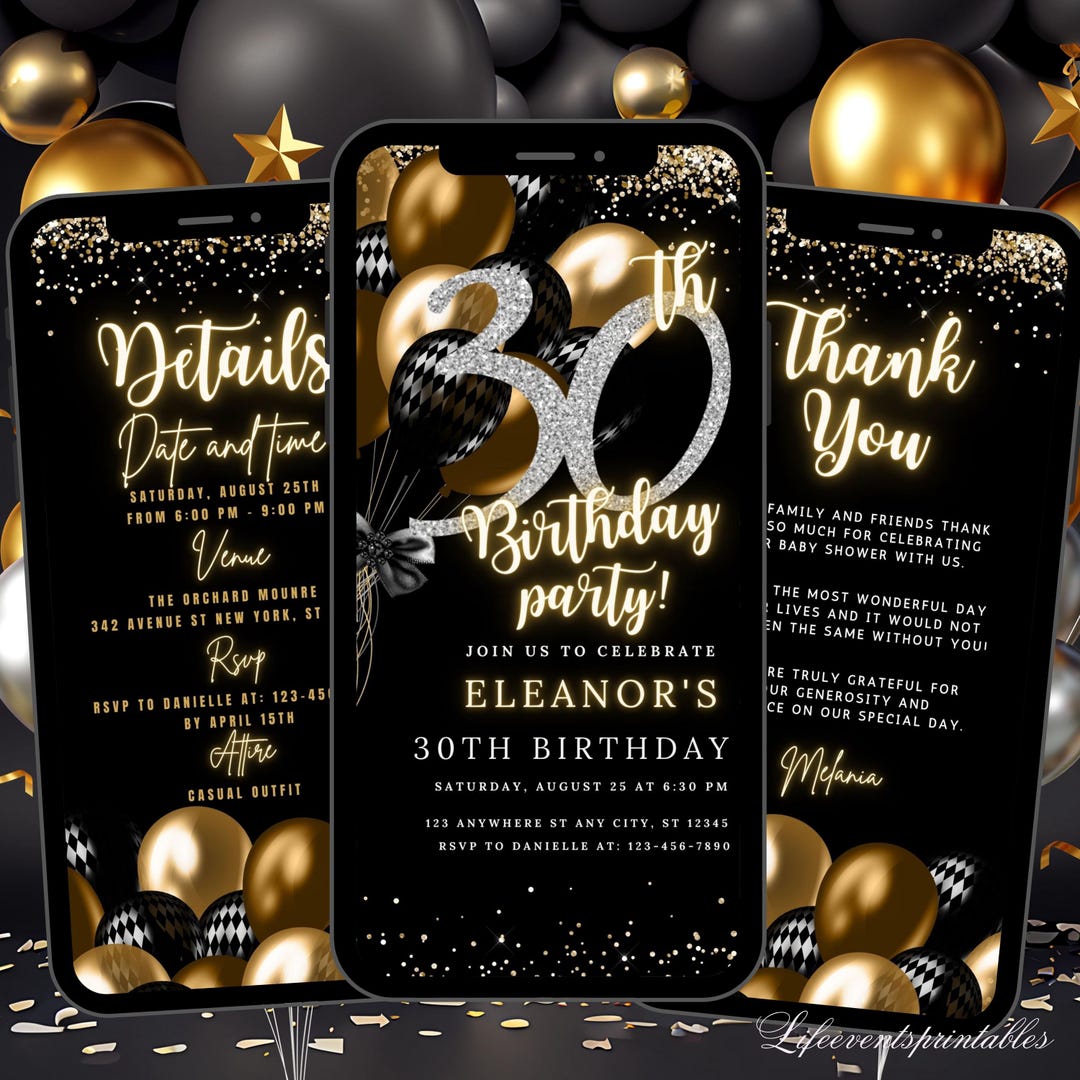 Digital 30th Birthday Invitation Template Black, Electronic 30th Party ...
