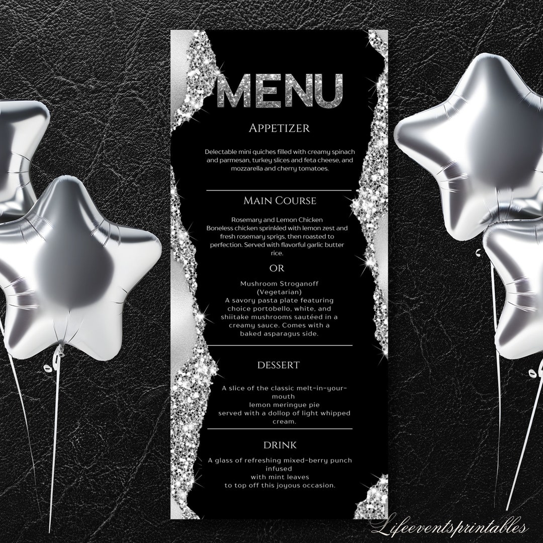 Black and Silver Menu Card Template, Editable Sparkle Menu Template ...