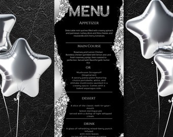 Black Balloon and Silver Menu Card Template, Editable Sparkle Menu ...